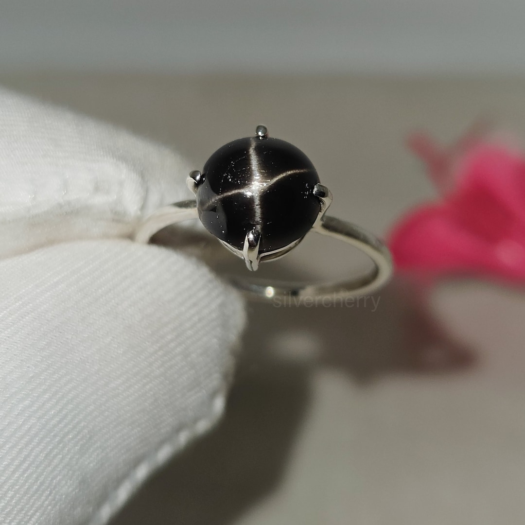 Natural Black Star Sapphire Ring, Black Star Ring, 925 Sterling Silver ...