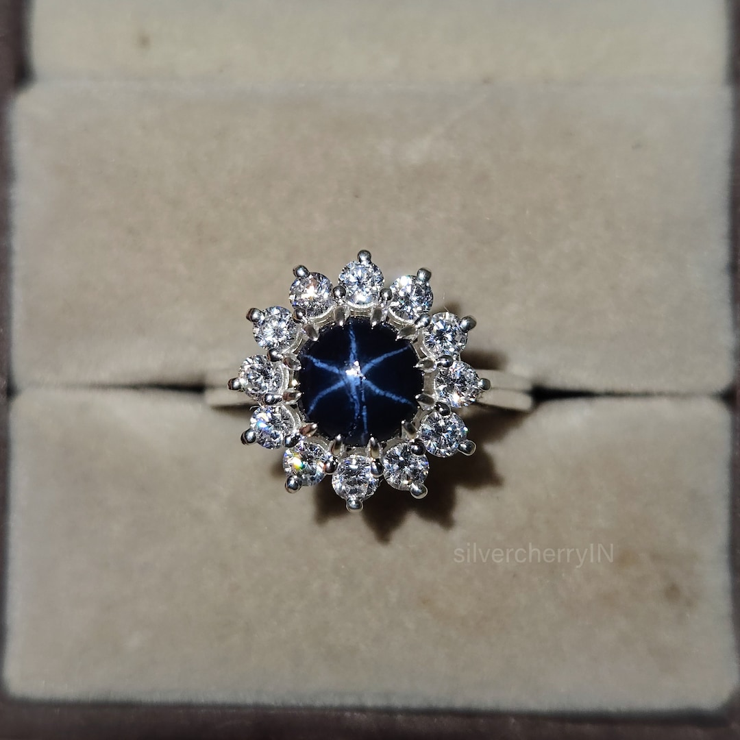 Genuine Blue Star Sapphire Ring, 14k White Gold Ring, Round Star ...