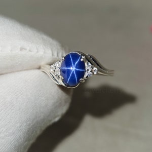 Combo Blue Star Sapphire Ring Oval Cut Blue Gemstone Ring Silver Blue ...