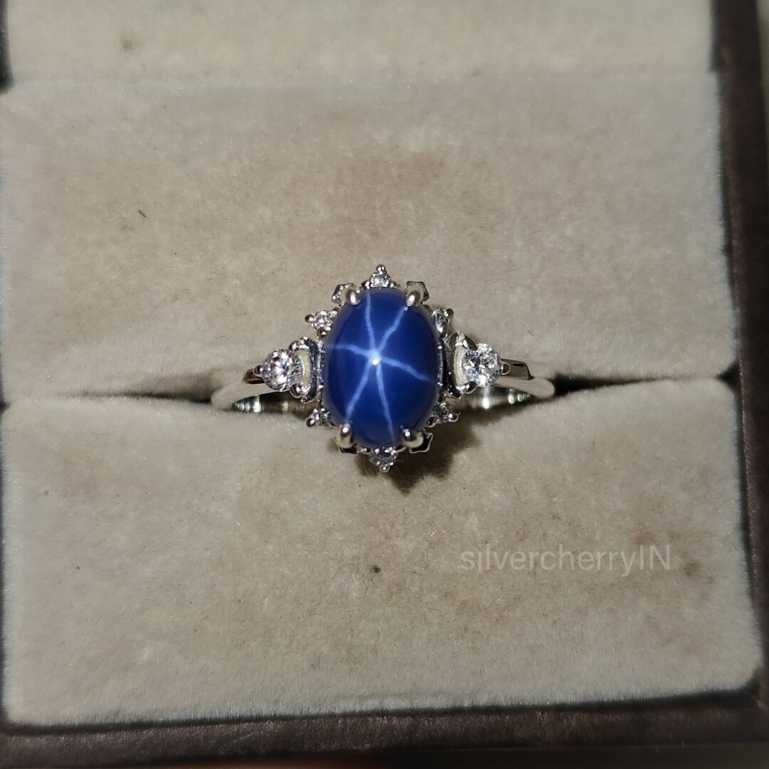 Lindy Blue Star Sapphire Ring 14K White Gold Blue Gemstone Wedding Ring ...