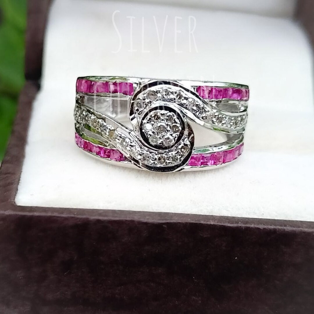 Natural Ruby Princess Cut Diamond Ring: Sterling Silver Engagement Ring ...