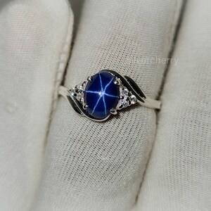 Combo Blue Star Sapphire Ring Oval Cut Blue Gemstone Ring Silver Blue ...