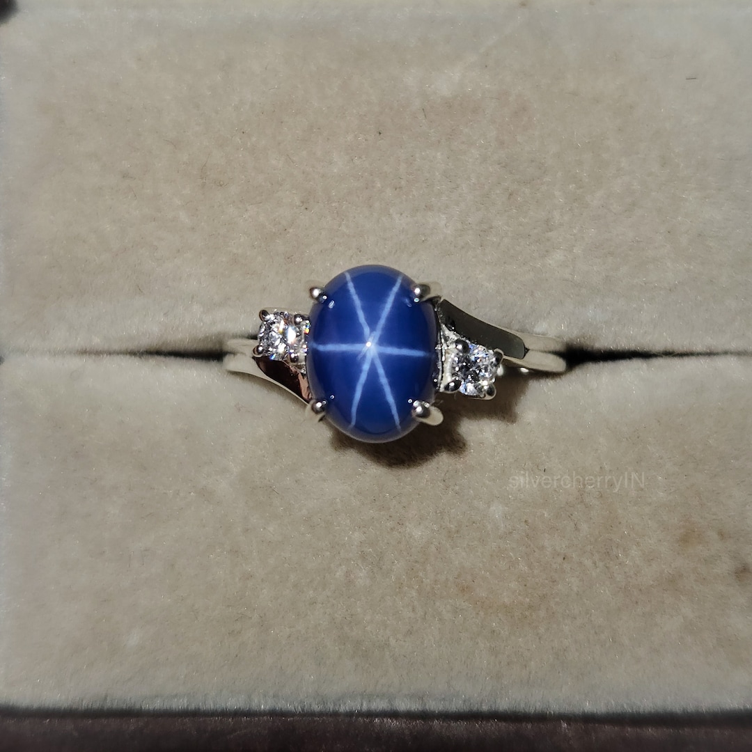 Blue Star Sapphire Ring, Birthstone Ring, Diamond Ring, 925 Sterling ...