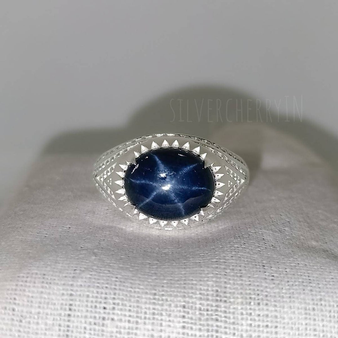 Genuine Blue Star Sapphire Men's Ring, Blue Star Sapphire Ring, 6 Rays ...