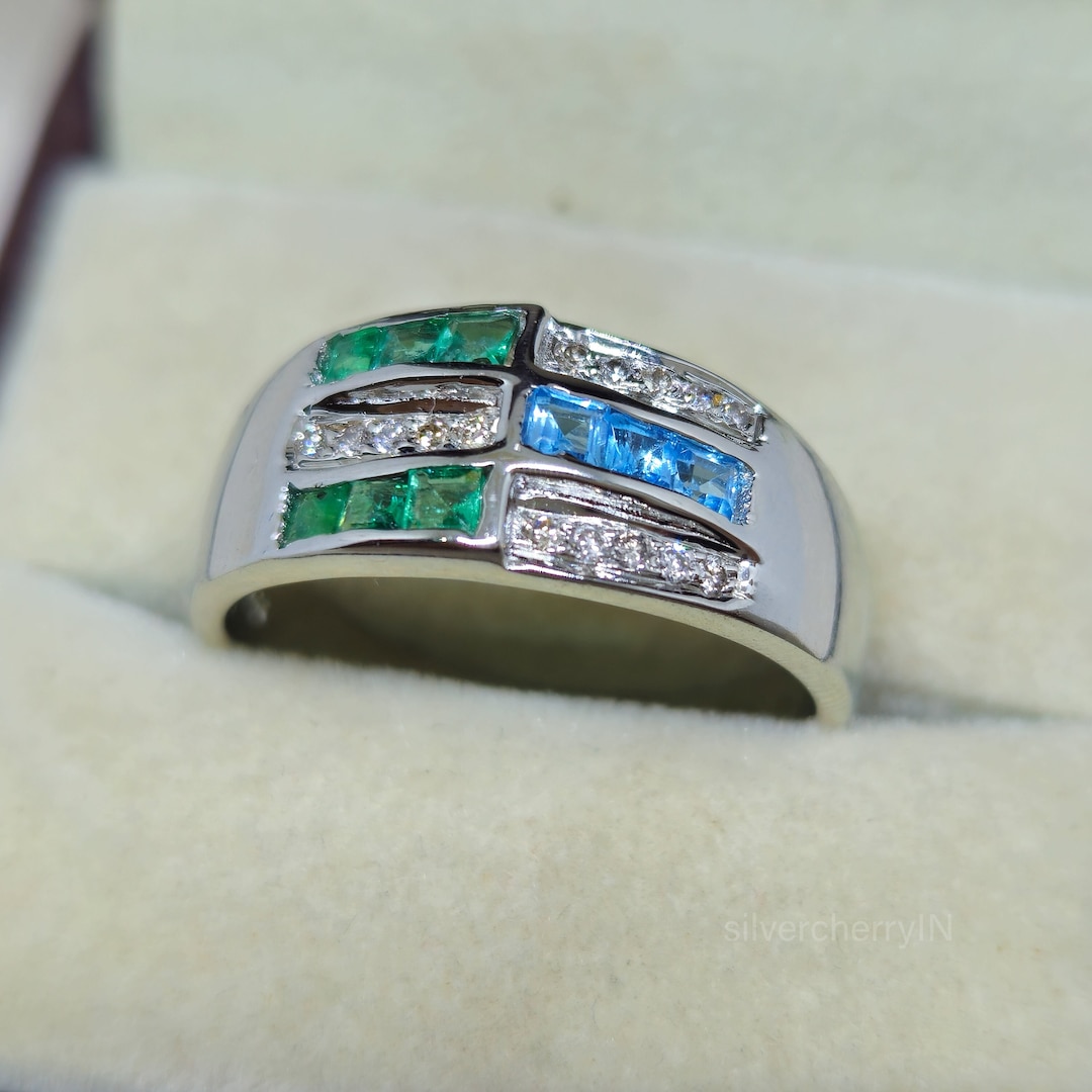 Natural Genuine Emerald and Blue Topaz Ring / Multi Stone Band With ...