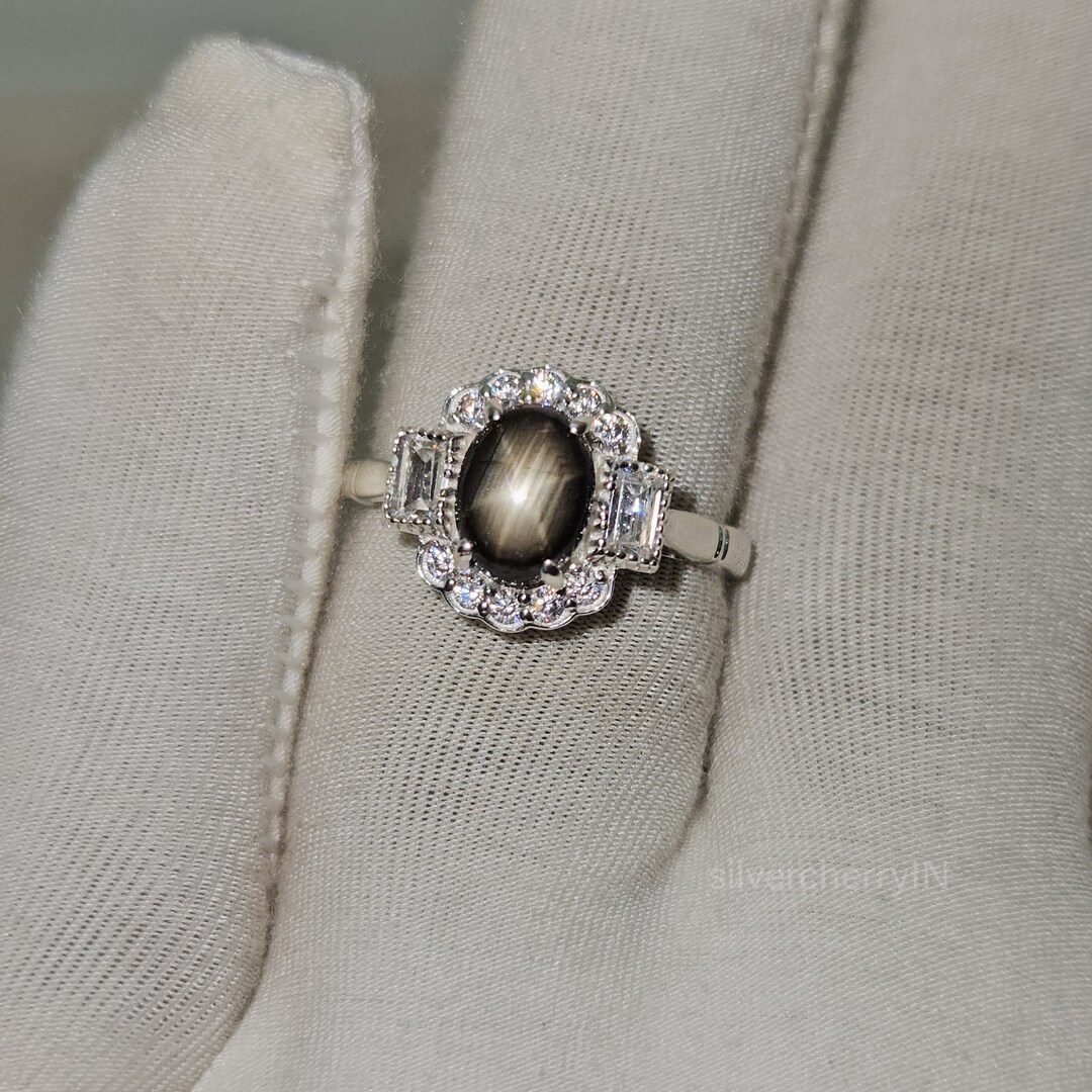 Genuine Black Star Sapphire Ring, 14k Gold or Silver Ring, Natural Star ...