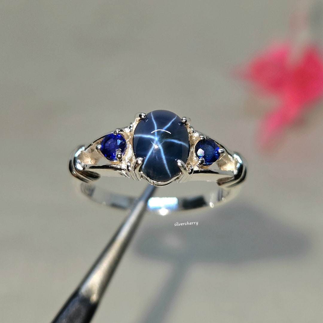 Genuine Blue Star Sapphire Ring, 14k Gold White Gold Ring, Natural Star ...