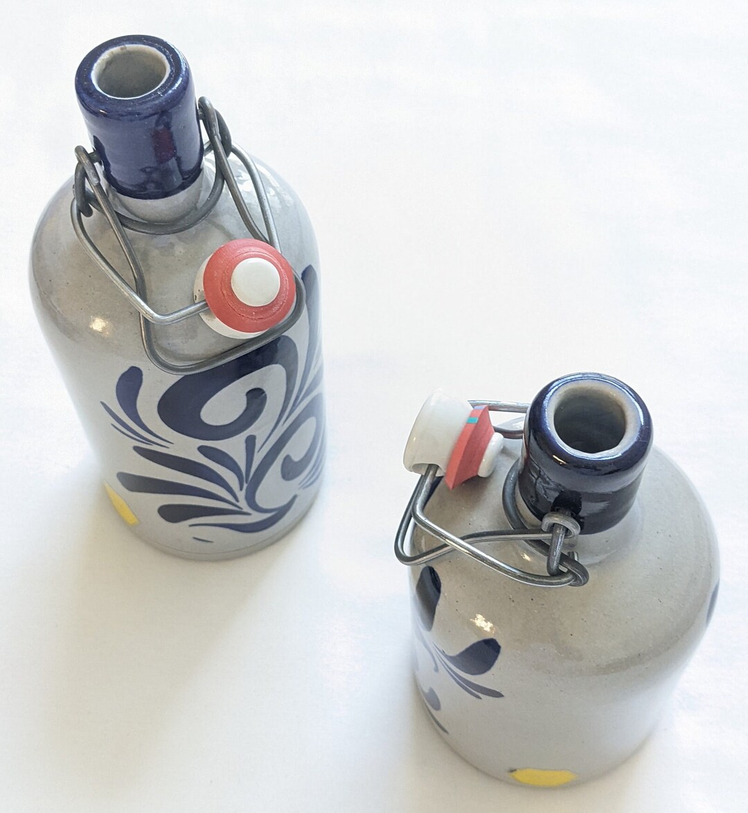 German Stoneware Ceramic Bottles Cork Lid Salt Glazed Cobalt Blue Set ...
