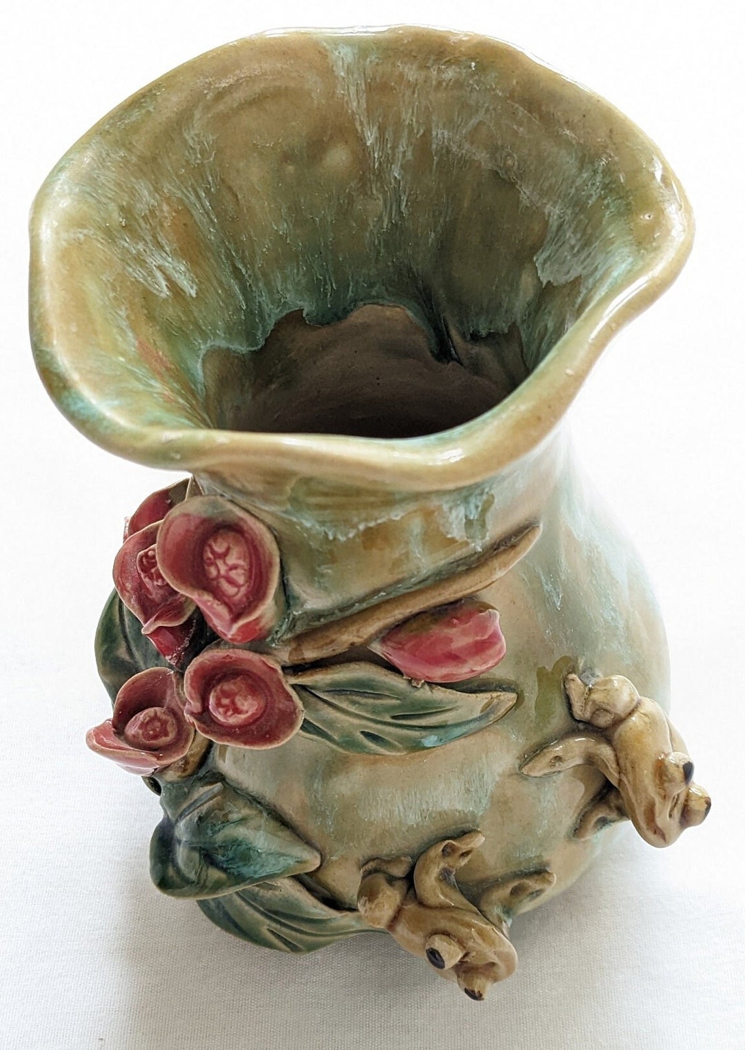 3D Handcraft MAJOLICA POTTERY VASE Ceramic Glaze Polychrome 2 Frogs/red ...