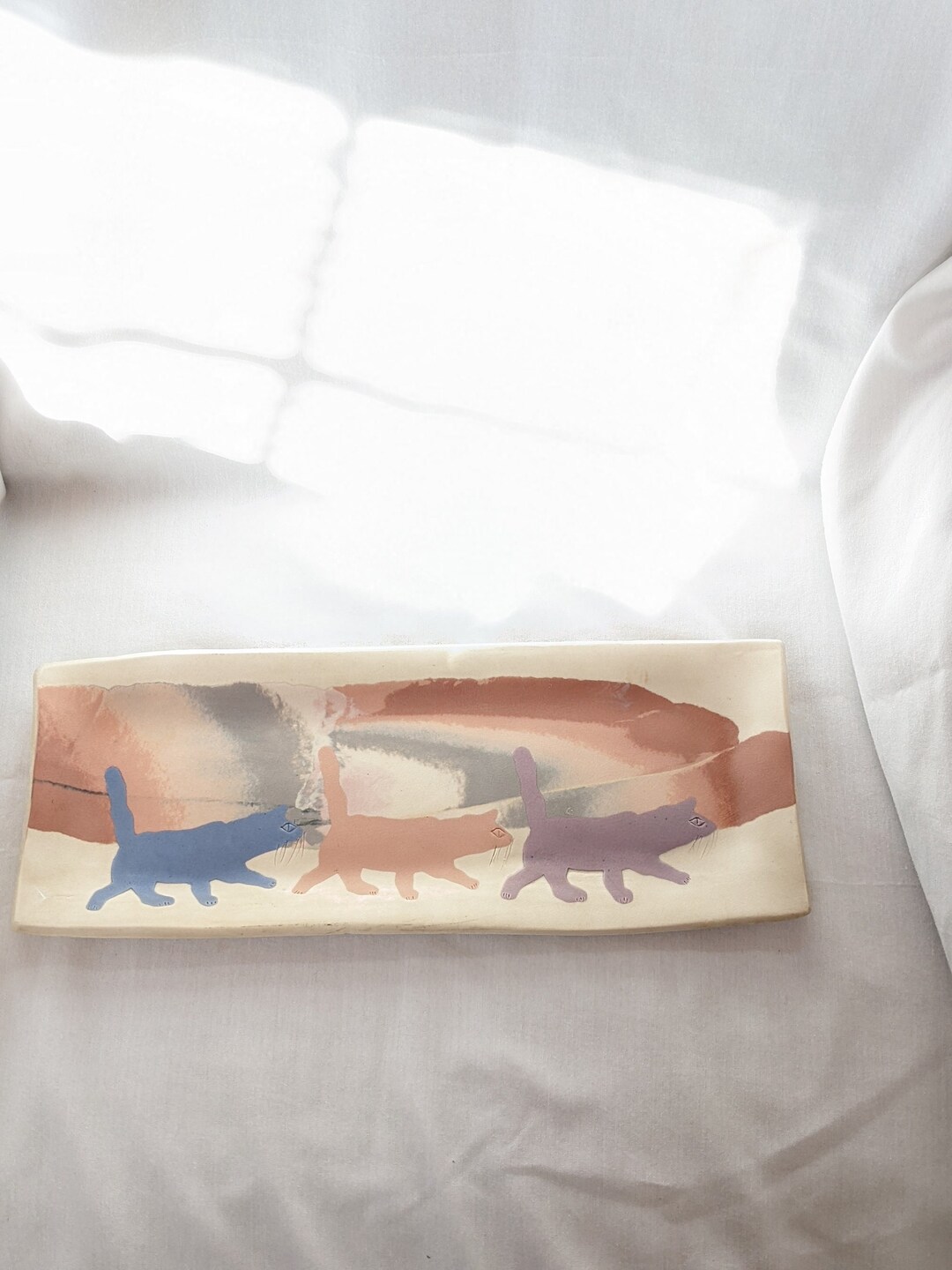 3D Handcraft Native American Folk Art Ceramic Rectangle TRAY 3 CATS ...