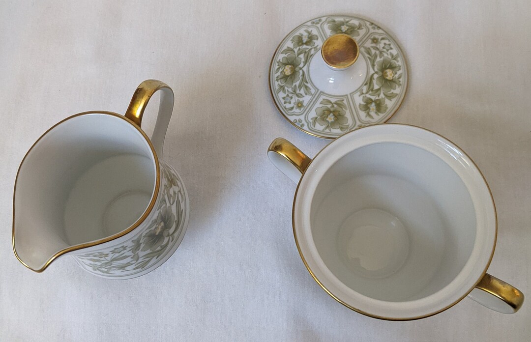 Sango China "savannah" Gold Sugar/lid and Creamer, Porcelain Green ...