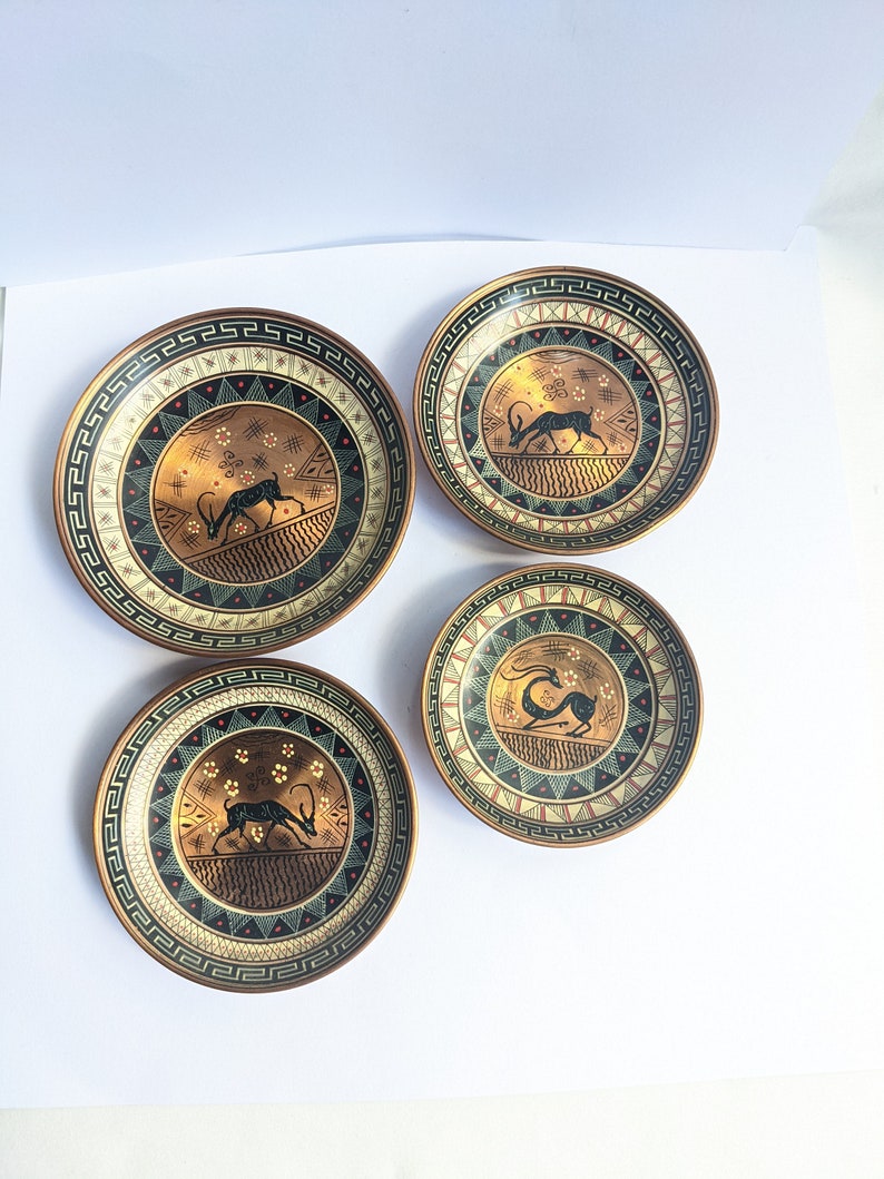 Vintage Copper Enamel Plates: Impala Antelope, Geometric Greek Design ...