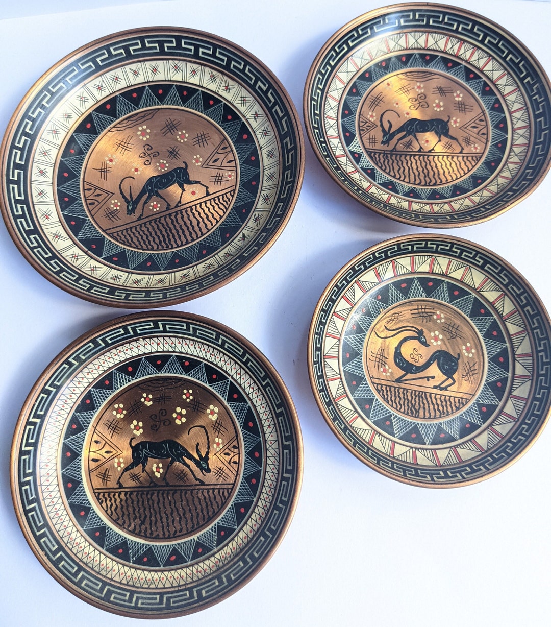 Vintage Copper Enamel Plates: Impala Antelope, Geometric Greek Design ...