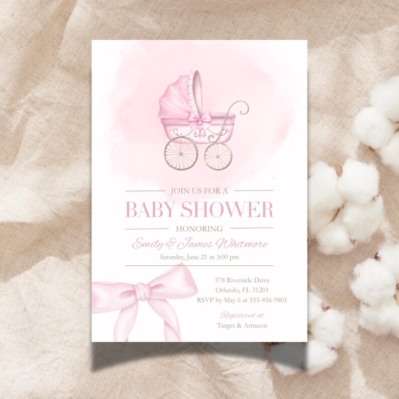 Pink Baby Shower Invitation Girl | Watercolor Pram, Editable (digital ...