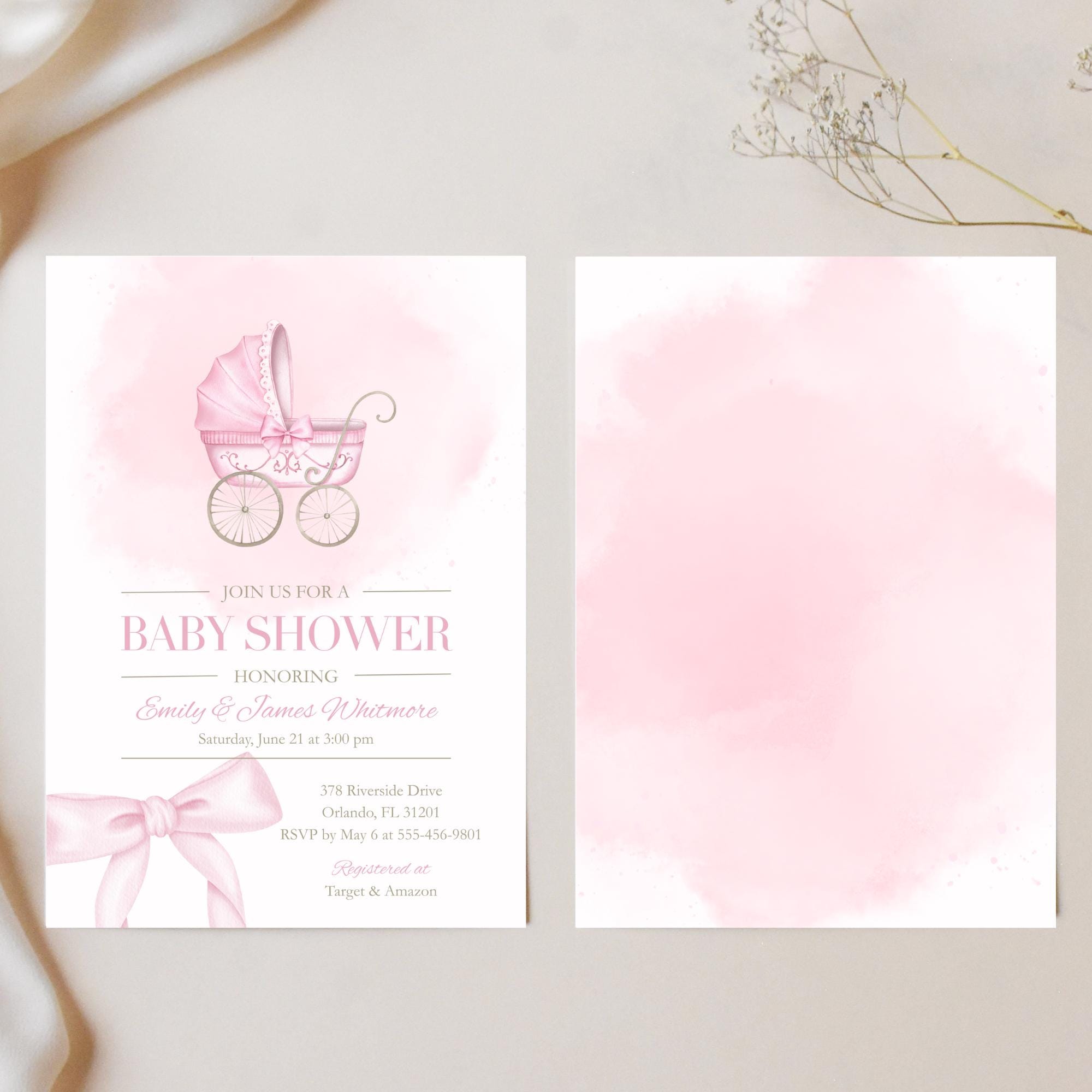 Pink Baby Shower Invitation Girl | Watercolor Pram, Editable (digital ...