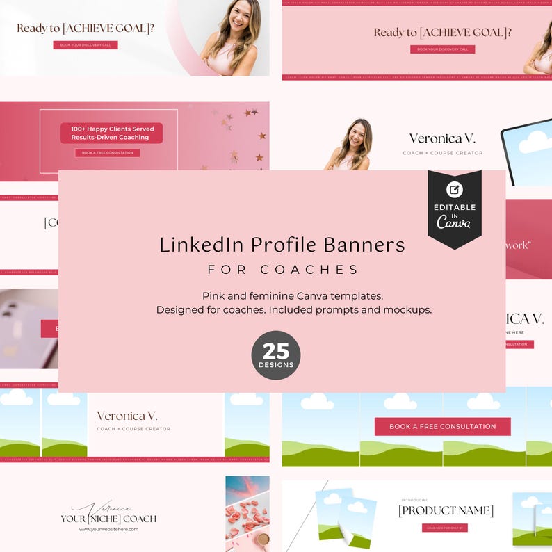 Pink Linkedin Banner Template for Coaches, Feminine Branding (canva, 25 ...