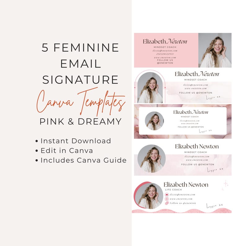 5 Pink Feminine Email Signature Templates Canva | Newsletter Branding ...