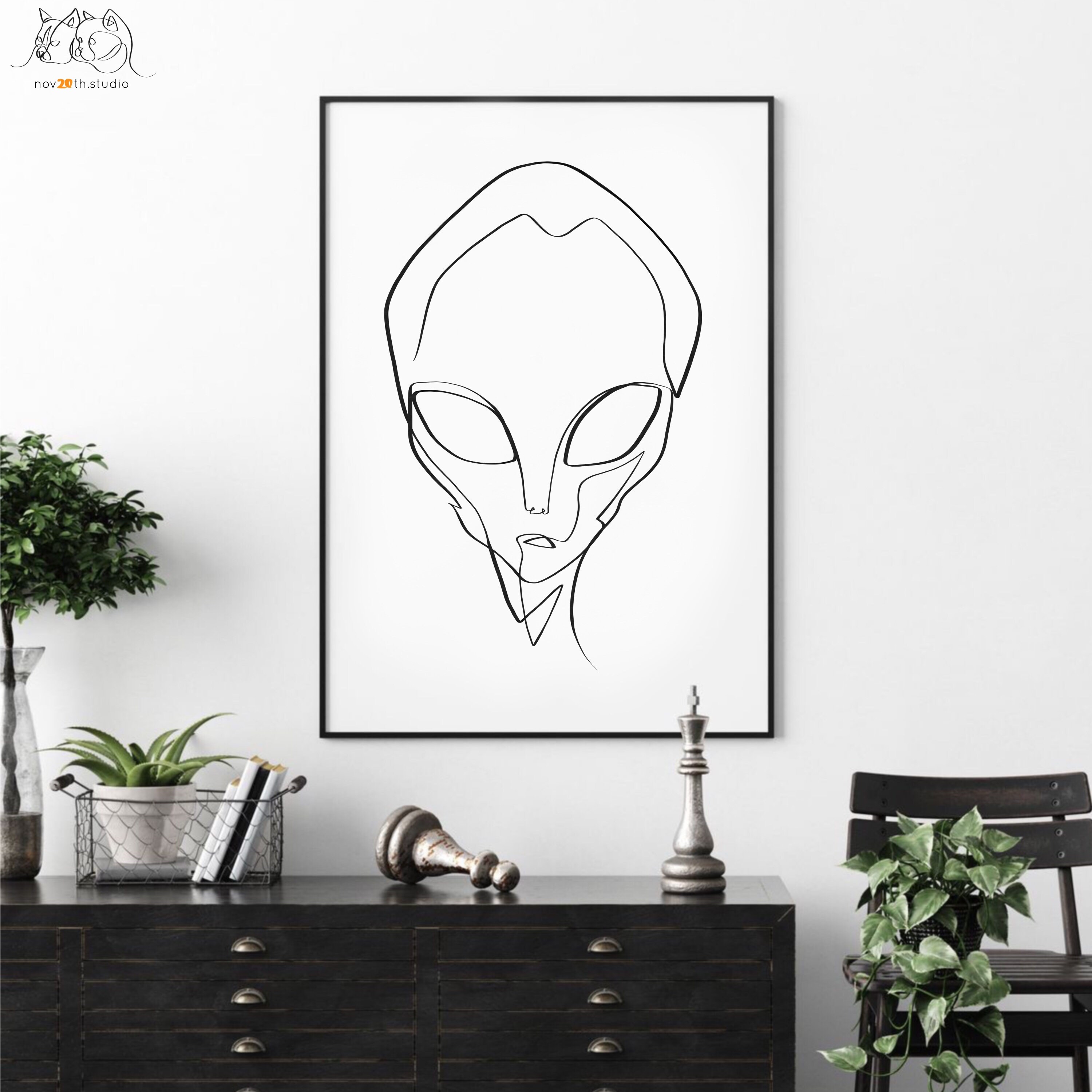 Instant Download Alien Art, Alien One Line Print, Alien Wall Art, UFO ...