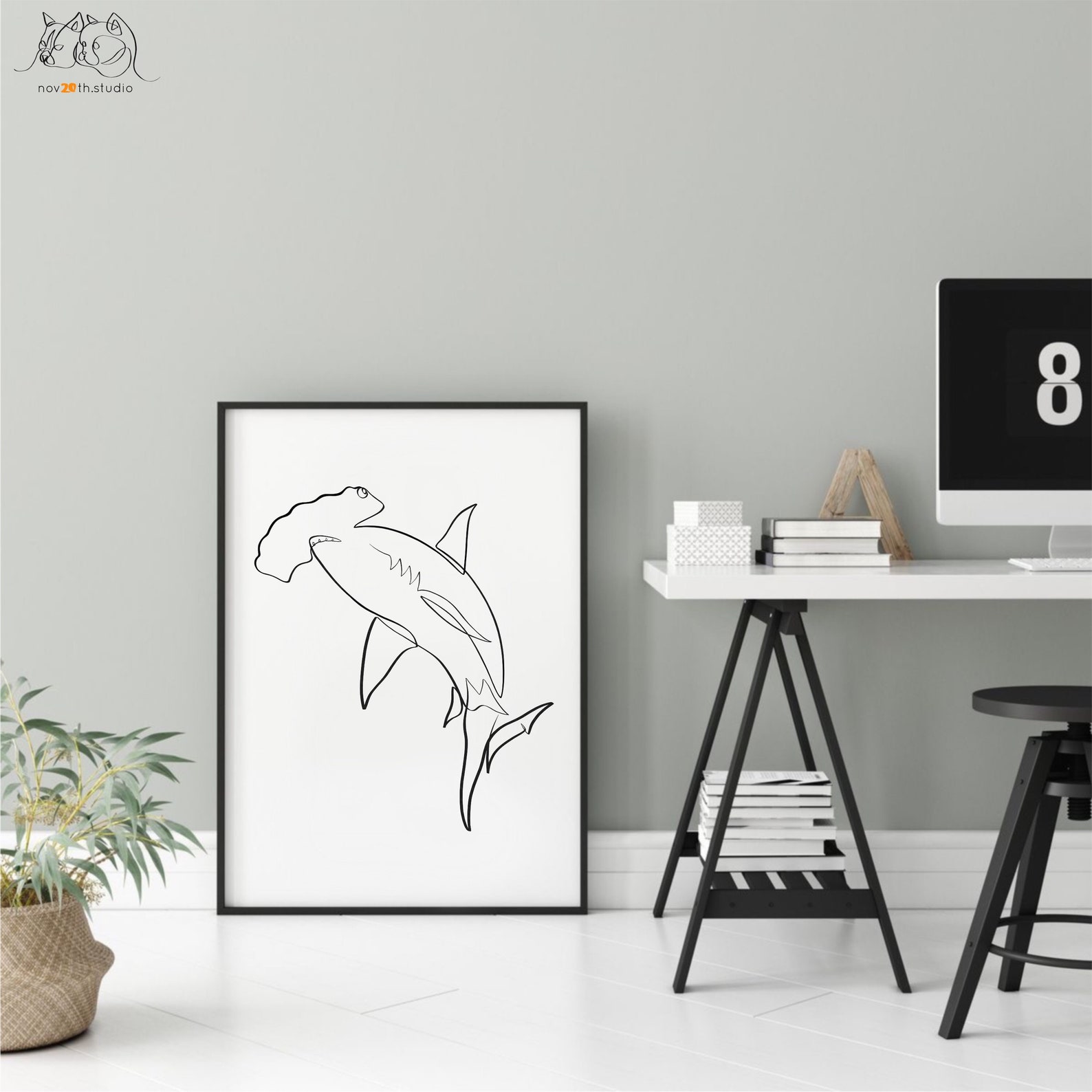 Instant Download Hammer Shark Art, One Line Art Shark, Minimalist ...