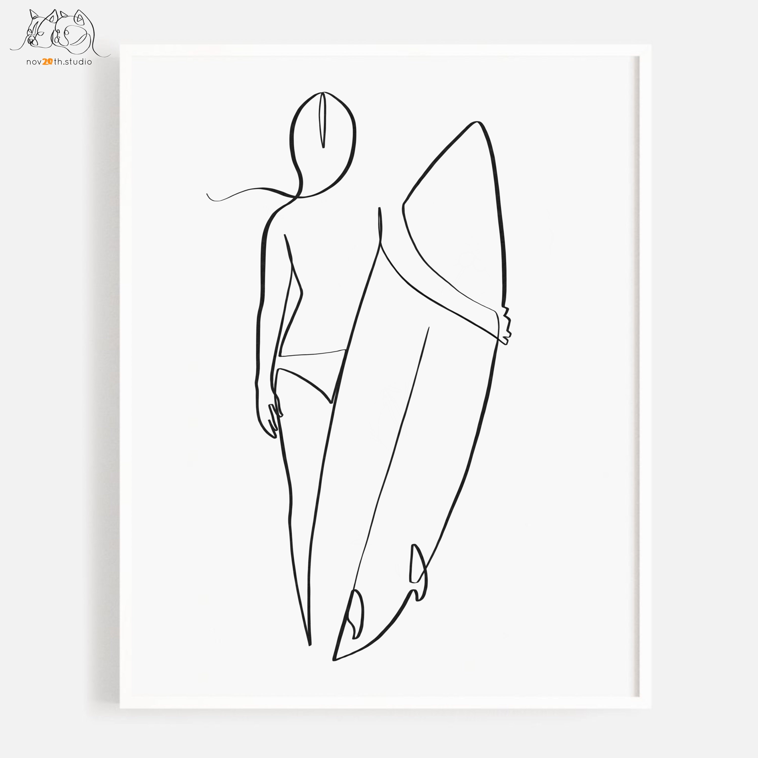 Instant Download Girl Surfer Line Art, One Line Art, Printable Line Art ...