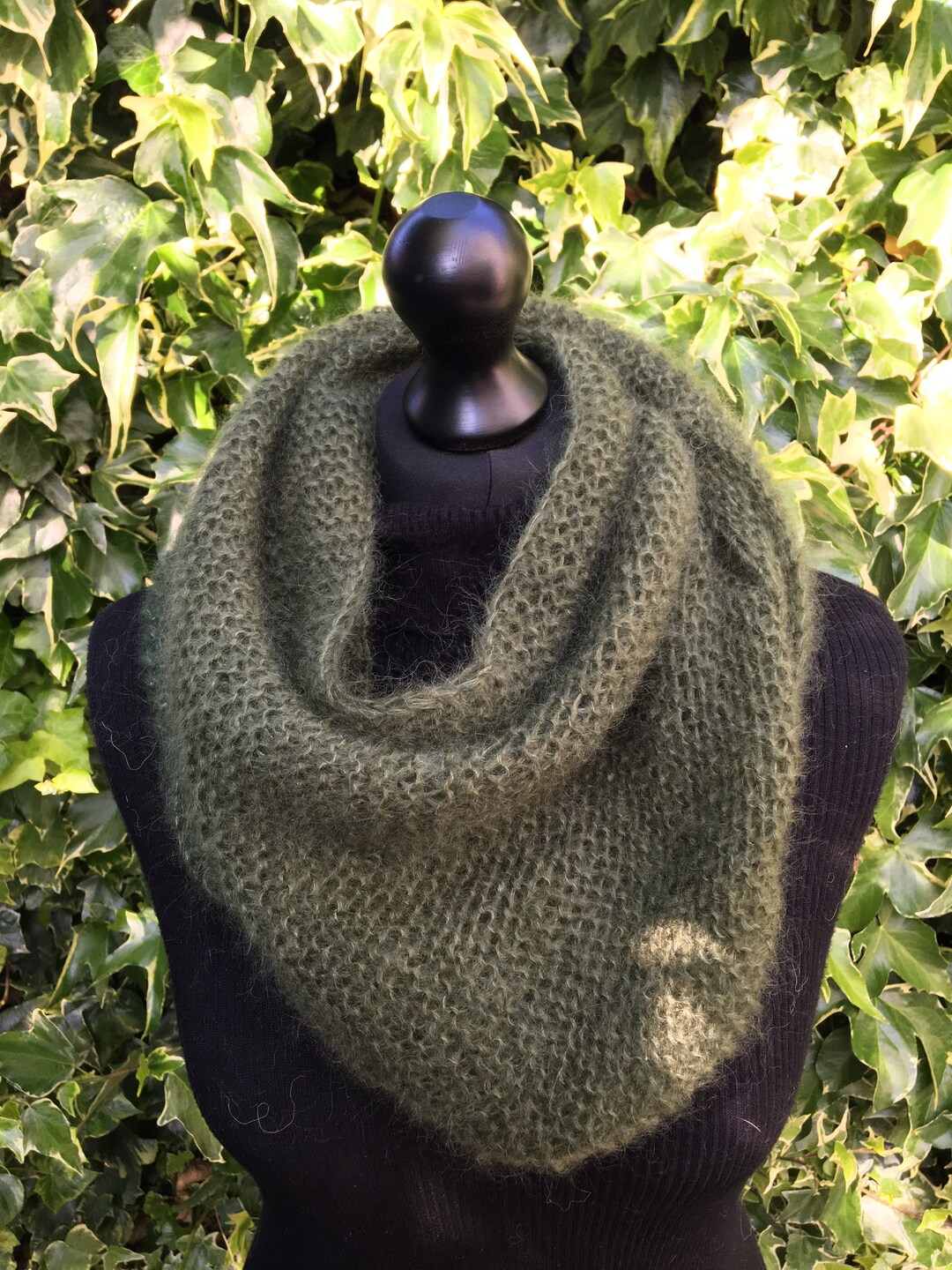 Hand Knitted Mohair Silk Triangle Scarf - Dark Olive Green Wrap - Etsy