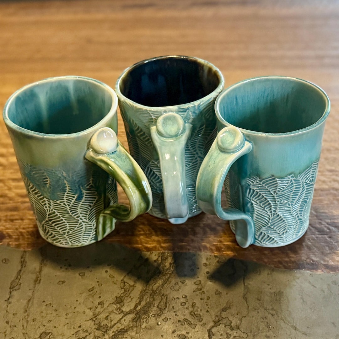 Tall Ceramic Mug W/handle - About 16 Oz. Handmade - Embossed Leaf ...