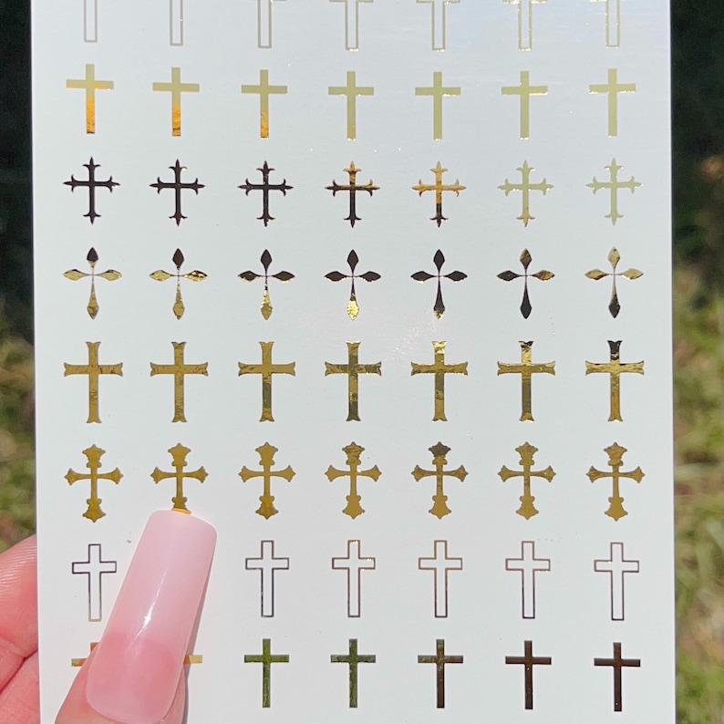 Foiled Cross Nail Decals - Gold Cross Nail Art - Holographic Foil Nail ...