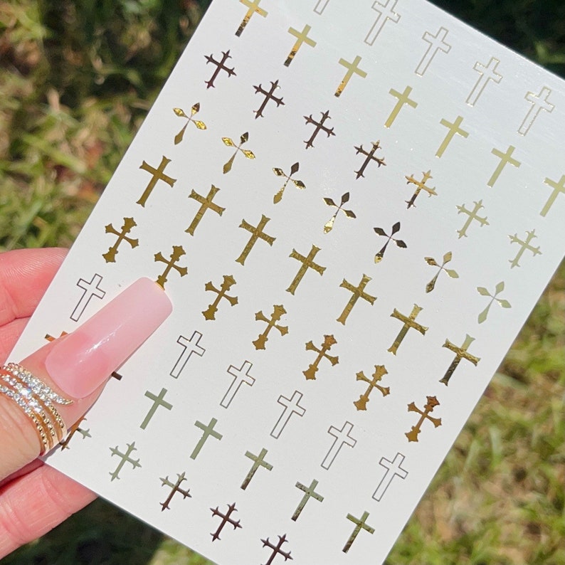 Foiled Cross Nail Decals - Gold Cross Nail Art - Holographic Foil Nail ...