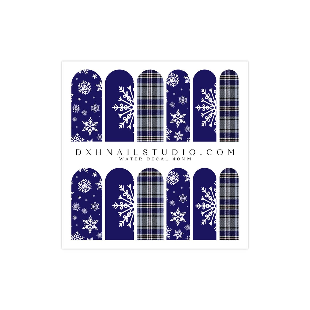Dark Blue Plaid Snowflake Nail Decals Holiday Christmas Nail Art Water ...