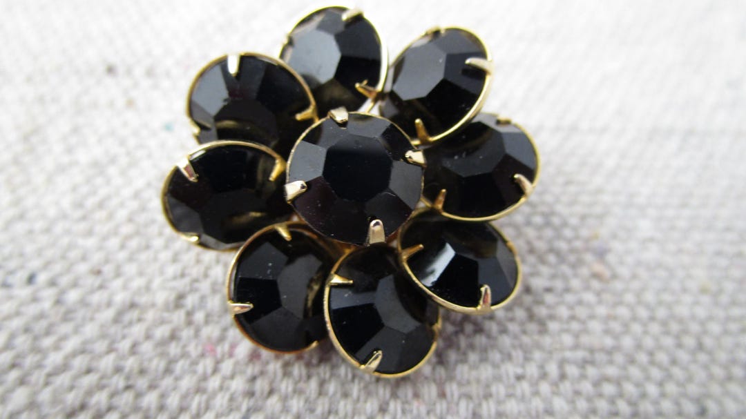 Vintage Gold Flower Button: Black Glass Crystals, Sewing Jewelry ...