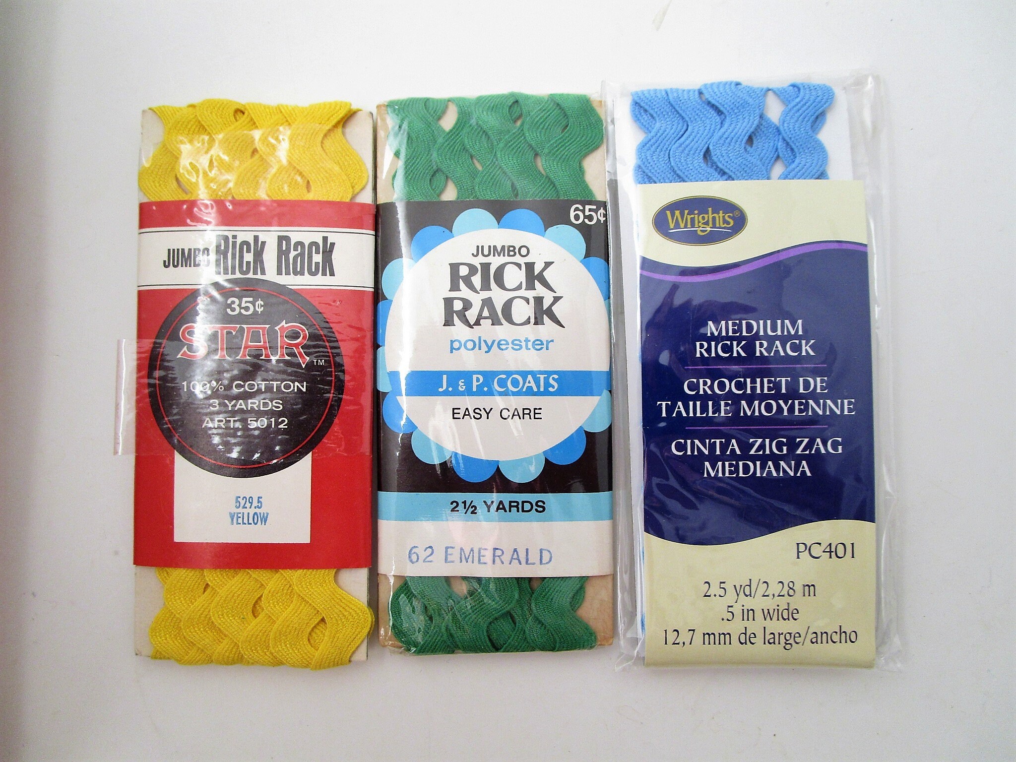 3 Vintage Jumbo Rick Rack Trim NOS 2.5 to 3 Yards Blue Yellow Green ...