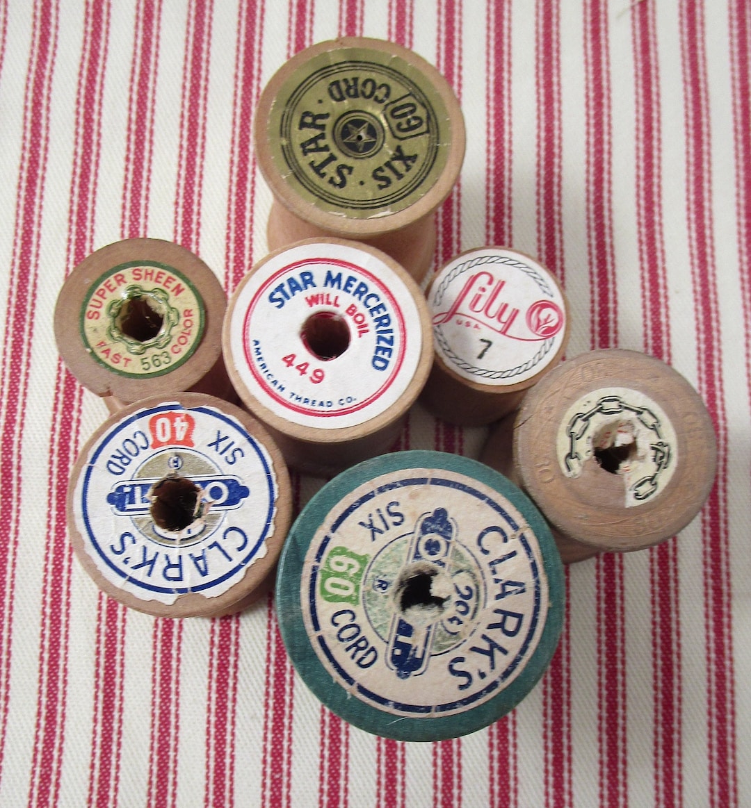 7 Vintage Wooden Thread Spools Antique Wood Colorful Labels Sewing ...