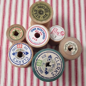 7 Vintage Wooden Thread Spools Antique Wood Colorful Labels Sewing ...
