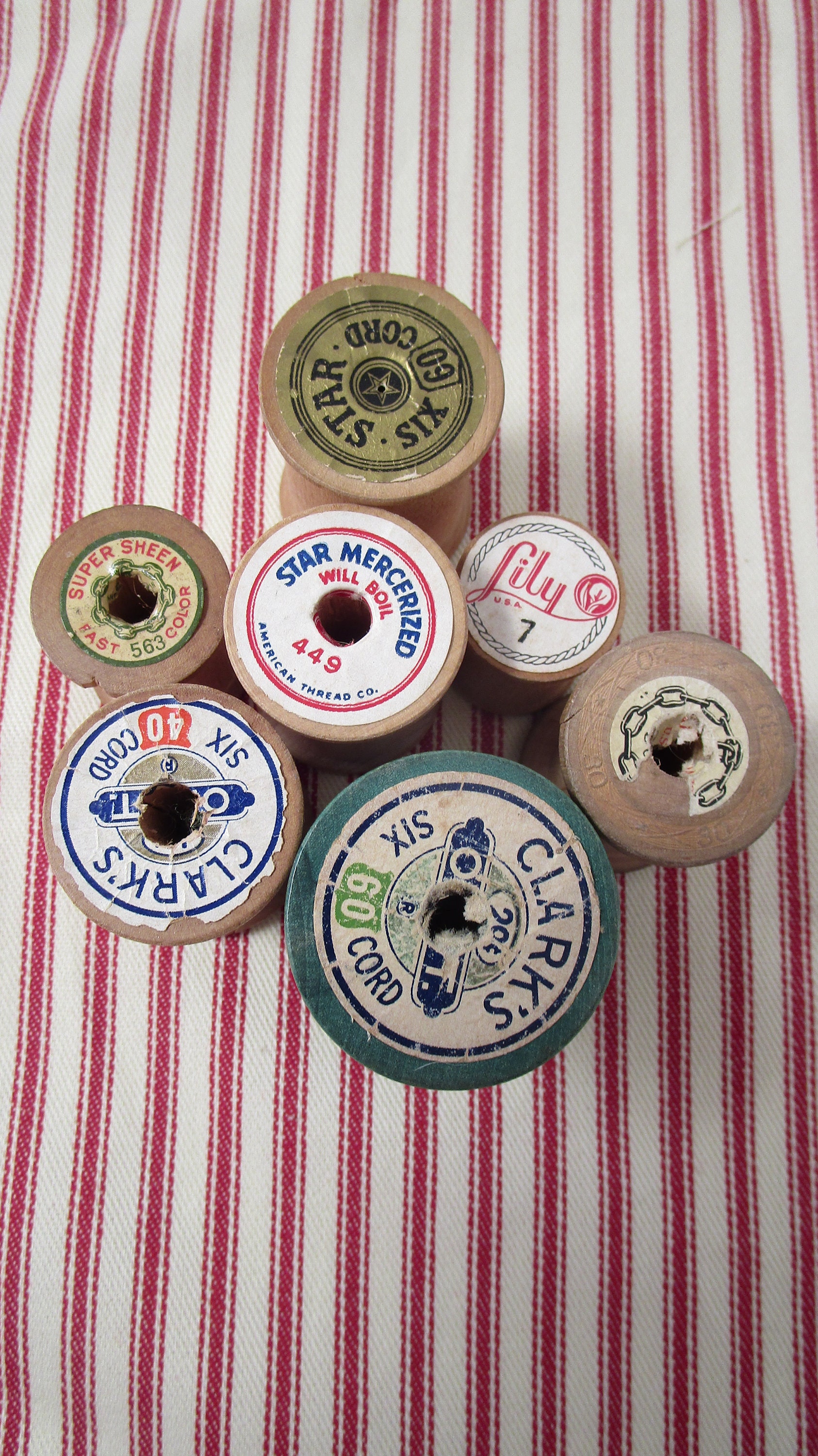 7 Vintage Wooden Thread Spools Antique Wood Colorful Labels Sewing ...