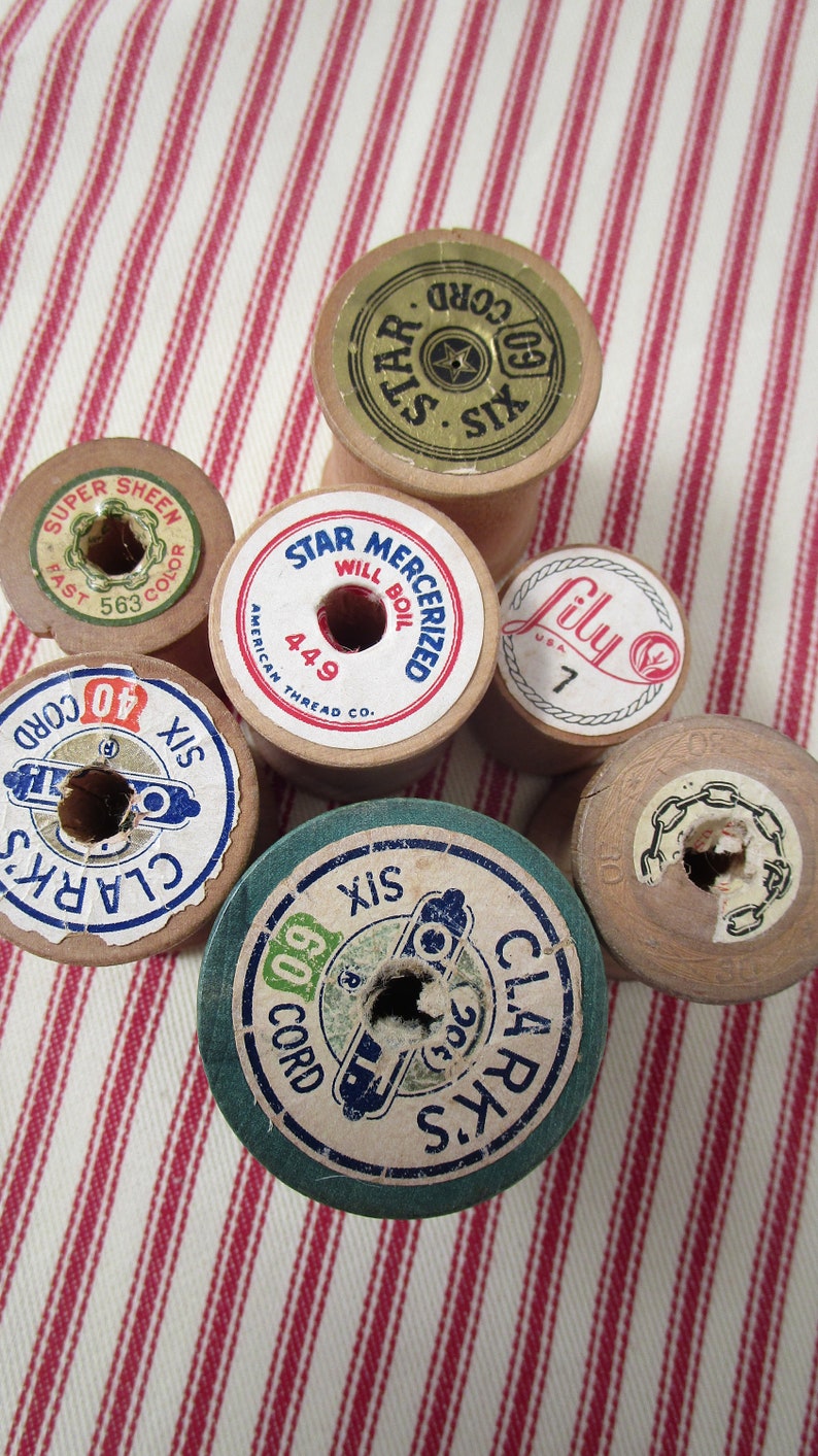 7 Vintage Wooden Thread Spools Antique Wood Colorful Labels Sewing ...
