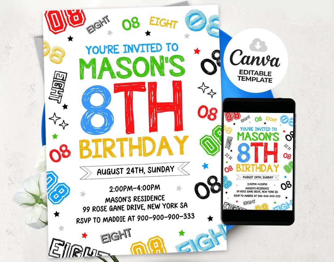 8th Birthday Invitation, Boy Birthday Invitation, Number Birthday ...
