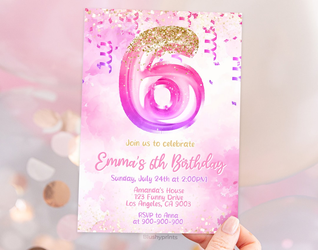 Girl 6th Birthday Invitation, Pink Glitter Birthday Invite, Balloon ...