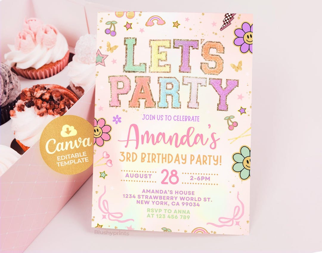 Patch Letter Invitation, Retro Girl Birthday Invitation, Varsity Patch ...