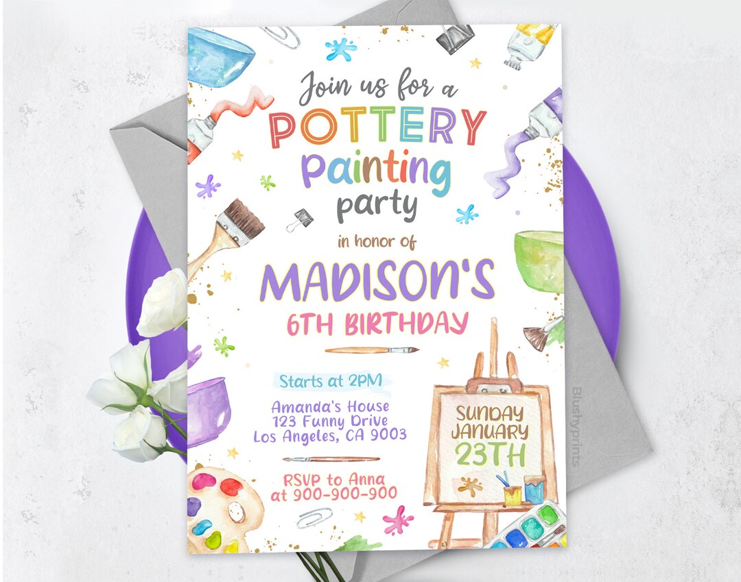 EDITABLE Pottery Painting Birthday Invitation, Art Party Invitation ...