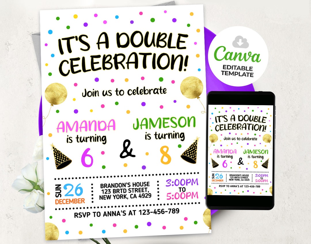 Editable Joint Birthday Party, Sibling Birthday Invitation, Double ...