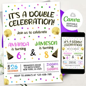Editable Joint Birthday Party, Sibling Birthday Invitation, Double ...