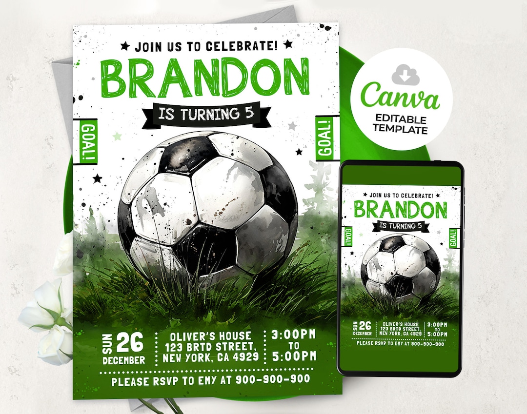 Soccer Birthday Invitation, Editable Boy Soccer Invitation, BS2401 - Etsy