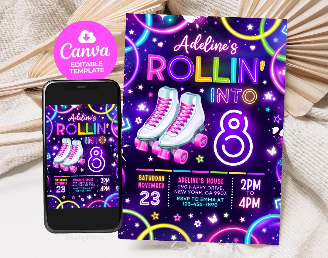 Roller Skating Birthday Invitation, Glow Party Birthday Invitation ...