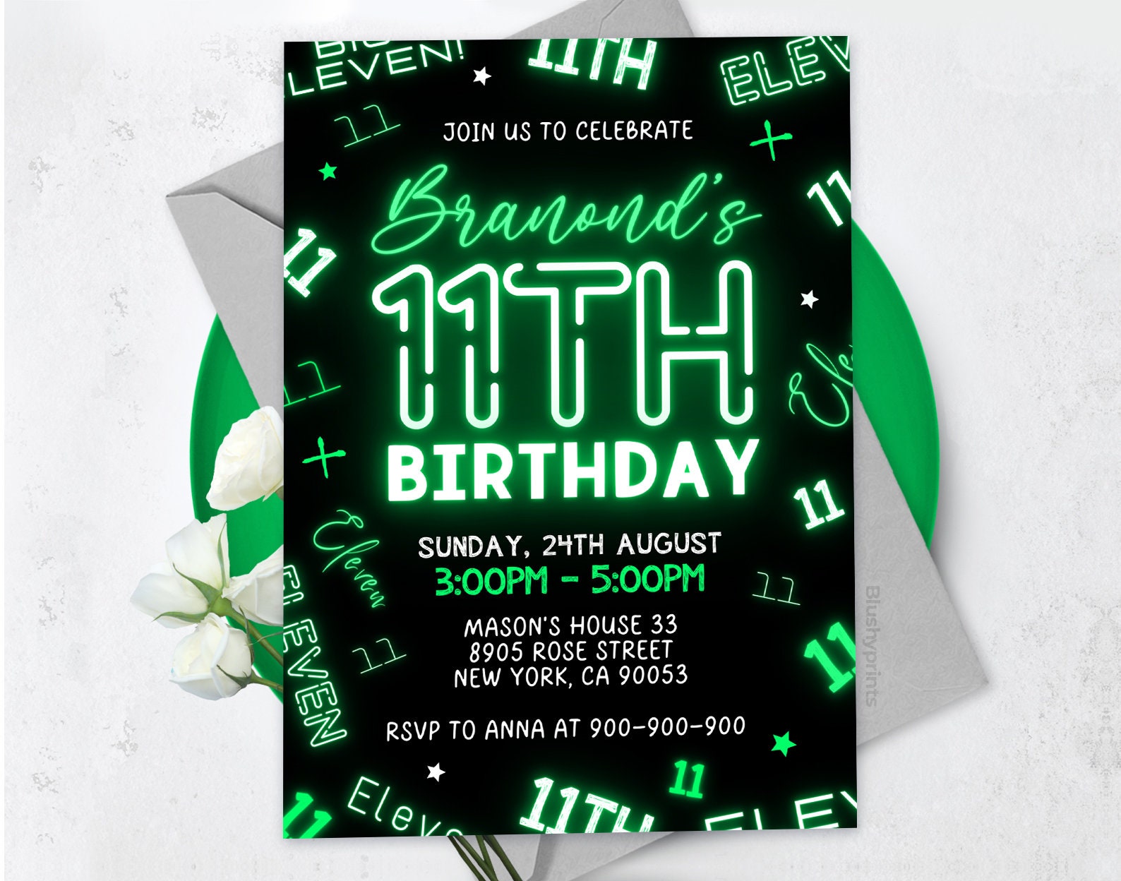 Neon 11th Birthday Invitation, Boy Birthday Invitation, Glow Invitation, Canva Template BS2401 ...