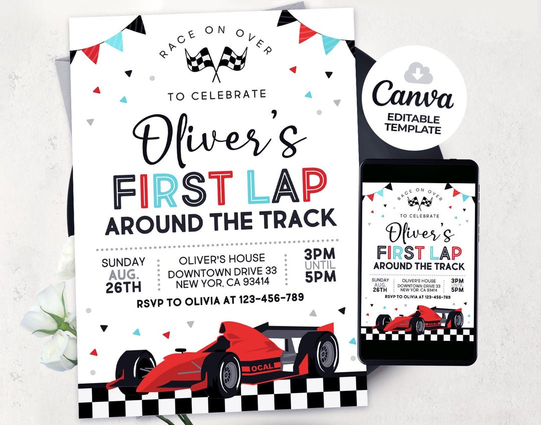 Race Car First Birthday Invitation, First Lap Around the Track Invite ...