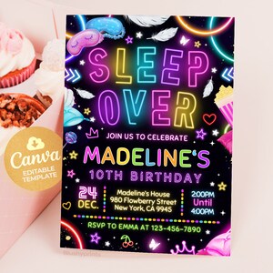 Sleepover Birthday Invitation, Slumber Party, Pajama Party, Glow ...