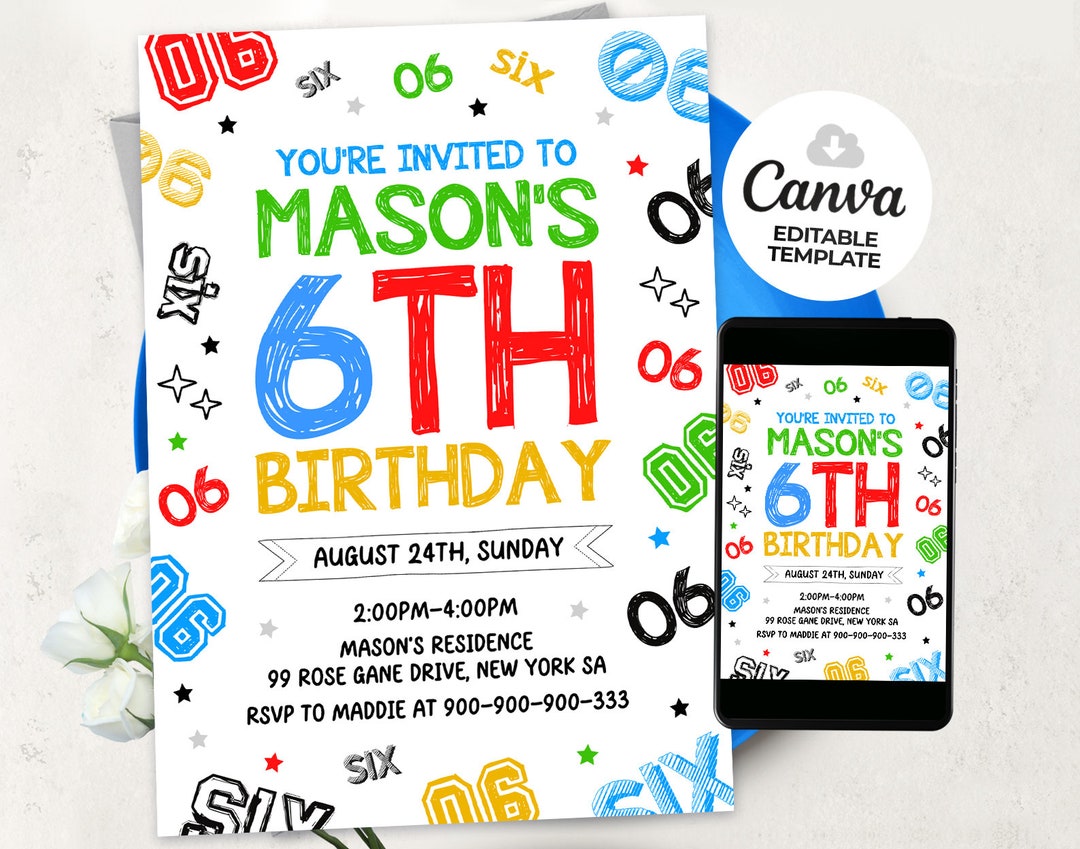 6th Birthday Invitation, Boy Birthday Invitation, Number Birthday ...