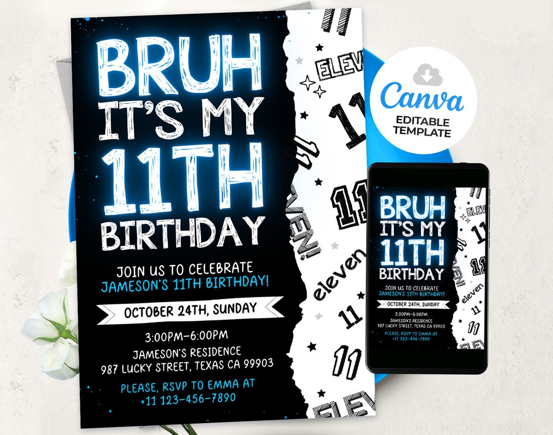 Boy 11th Birthday Invitation, Bruh Invitation, Bruh Its My Birthday Invitation, BS2401 - Etsy