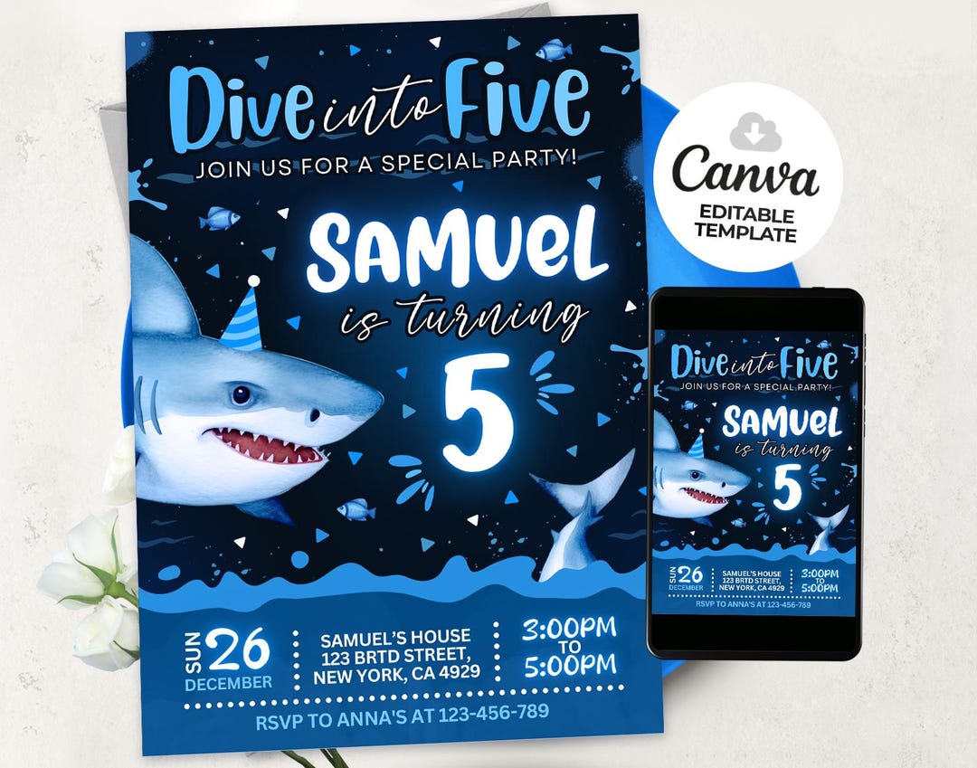 Shark Invitation, Dive Into Five Shark Birthday Invitation, Sharktastic ...