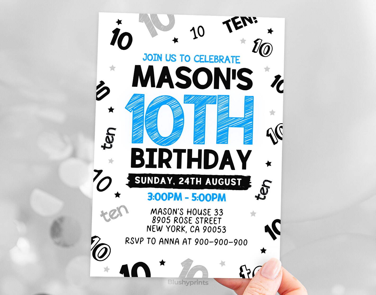 Modern 10th Birthday Invitation Boy Birthday Invitation Number Birthday ...